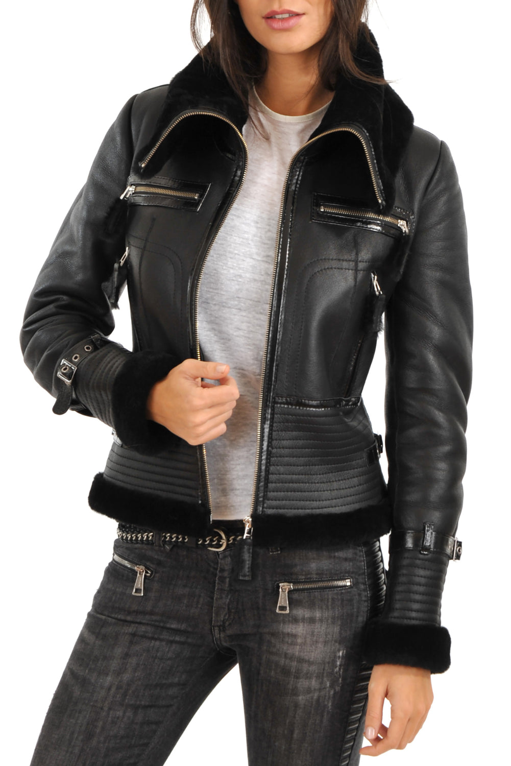 Amelia Black B3 RAF Shearling Aviator Leather Bomber Jacket – Red Bear ...